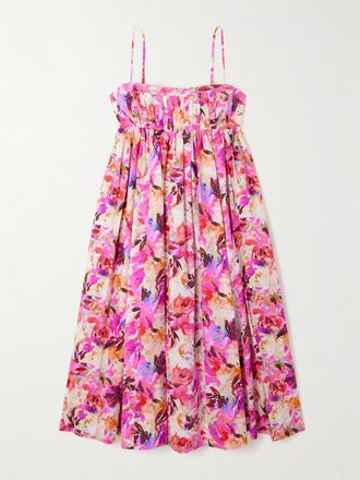 Ulla Johnson Robe Midi En Popeline De Coton À Imprimé Fleuri Et À Plis Lucille - Rose
