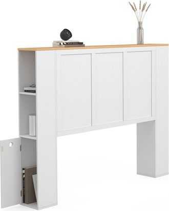 IDMarket Kopfteil auf Fußteil, Vito, 145 cm, mit Aufbewahrungsfächern, Weiß und Holzplatte