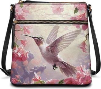 Coloranimal Sac &agrave; bandouli&egrave;re l&eacute;ger en cuir synth&eacute;tique avec fermeture &eacute;clair pour femme, Colibri fleur rose