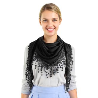 GFM Einfarbiger Triangelschal aus Jersey mit Spitze und Quasten (TRI-PLN-KL-Schwarz)