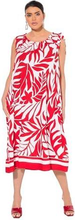 Ulla Popken Femme Grandes Tailles Robe midi sans Manches. Motif Feuilles. Décolleté Rond froncé Rouge Fluo 54+ 839104520-54+