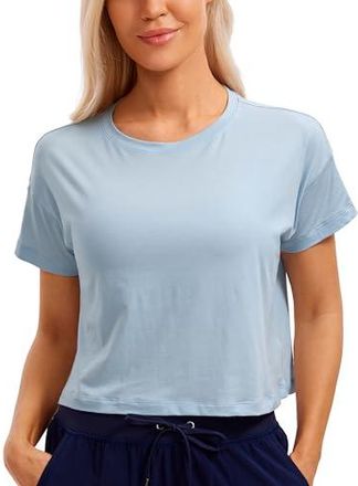 CRZ YOGA Femme Coton Pima Lâche Crop Tops Athletic Gym Casual T-Shirt Court Workout Chemises À Manches Courtes Bleu Lin 42
