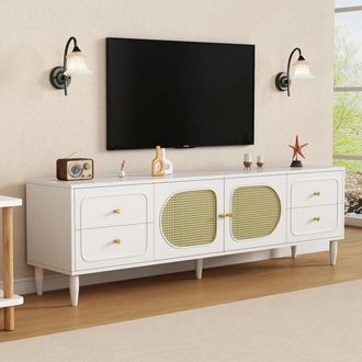 Urban Meuble Meuble TV blanc en rotin avec 4 tiroirs 2 portes poignées dorés 180x40x56,5cm ROGRAX