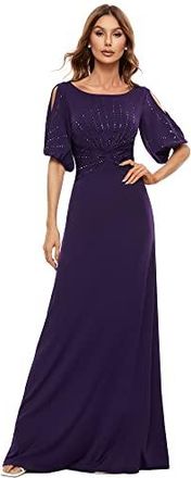 Ever-pretty Sirène Robe de Soirée Femme Longue Taille Empire Col Rond Manches Courtes avec Strass Grande Taille Élégante Violet Foncé 54