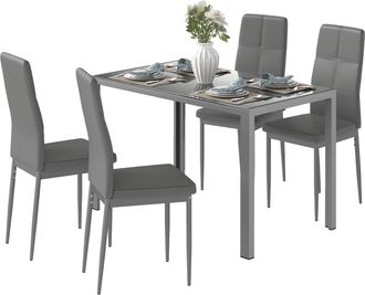HOMCOM Esstisch-Set mit 4 Stühlen, Küchentisch mit Stühlen aus Kunstleder, rechteckige Tischplatte aus gehärtetem Glas, Beine aus Stahl, für kleine Räume, Wo