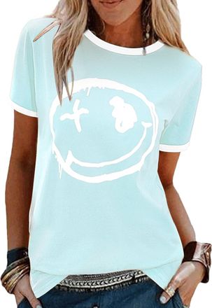 Heekpek Tshirt Damen Baumwolle Kurzarm T-Shirt Sommer Oberteile Tops Rundhals Tee Bedruckte L&auml;ssig Shirts, Hellblau, XXL