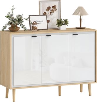 HOMCOM Hochglanz Buffet, Aufbewahrungsm&ouml;bel mit 3 T&uuml;ren, verstellbare Regale, Holzbeine, moderner Stil, Buffet Esszimmer, K&uuml;che und Wohnzimmer, 107 x 35 x 77