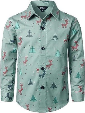 JOGAL Chemise pour homme, avec imprimé de Noël original, manches longues et boutons, style décontracté, vert, 12 ans