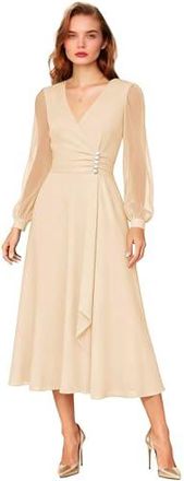 Generic Robe de mère de la mariée à manches longues en mousseline de soie plissée avec col en V pour invitée de mariage, champagne, 54 Grande taille