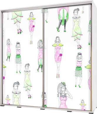 Selsey Fashion - Kleiderschrank 2-t&uuml;rig mit Schiebet&uuml;ren und Zeichenfiguren-Motiv 205cm (Korpus in Wei&szlig; matt)