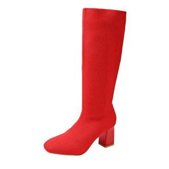 Generic Bottes mi-mollet en tricot extensible pour femme - &Eacute;l&eacute;gantes - Couleur unie - Respirantes - Talon &eacute;pais - Confortables - Chaudes - &Agrave; enfiler, Rouge, 3