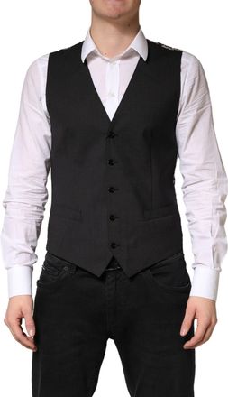 Dolce & Gabbana Black Wool Dress Men Formal Waistcoat Vest Virgin Elastane