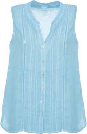 120% Lino Femme, Tops, Bleu, Taille: 40 FR D&eacute;bardeur en Lin &agrave; Encolure Ras du Cou