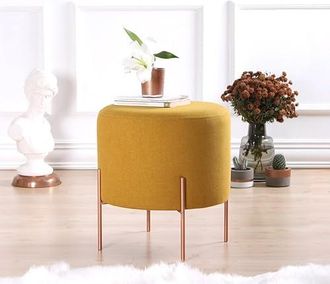 Atelier Del Sofa Bohemian Mustard Pouffe, 42 cm Height x 40 cm Depth | 50% Cotton & 50% Linen, 5 cm Orthopedic Sponge, Copper Coated Iron Legs | Stylish Hotel & Home D
