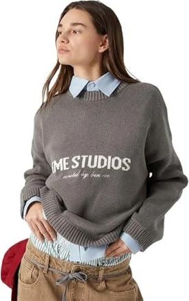 Generic Pull brod&eacute; chic pour femme - Lettres amusantes - Pull tricot&eacute; Y2k - Hauts d&eacute;contract&eacute;s et basiques &agrave; manches longues, 003-Gris fonc&eacute;, M