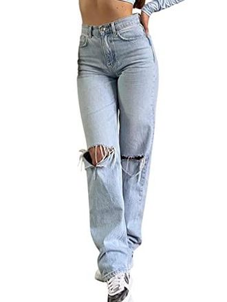 Minetom Jeans Femme Taille Haute Ample Denim Pantalon Stretch Droit D&eacute;contract&eacute; Boyfriend D&eacute;chir&eacute; Jeans Streetwear B Bleu XS