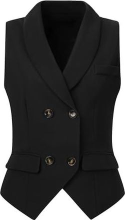 Allegra K Gilet &eacute;l&eacute;gant pour femme &agrave; double boutonnage ch&acirc;le revers gilet de costume sans manches Noir XL