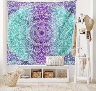 Abakuhaus Mandala Wandteppich und Tagesdecke, Aufw&auml;ndige Hippie aus Weiches Mikrofaser Stoff Waschbar ohne Verblassen Digitaldruck, 230 x 140 cm,Aqua Lila