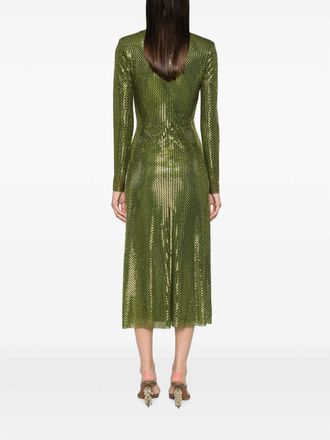 Self Portrait Sequined Ruched V-Neck Dress - Green
