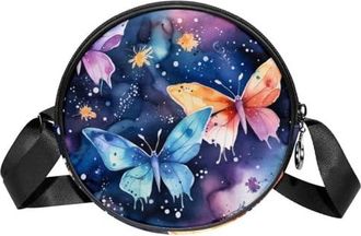 Generic Petit sac &agrave; bandouli&egrave;re rond pour femme, motif papillons et galaxie, avec fermeture &eacute;clair, bretelles r&eacute;glables, style d&eacute;contract&eacute;, pour femmes et fil