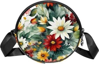Generic Petit sac &agrave; bandouli&egrave;re circulaire pour femme, motif feuilles florales, sac &agrave; dos avec fermeture &eacute;clair, bretelles r&eacute;glables, sac &agrave; main rond d&eacute;contra