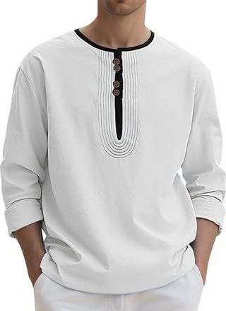 Generic Chemise en lin &agrave; manches longues pour homme - Chemise de plage en coton - Coupe ajust&eacute;e - Chemise d&eacute;t&eacute; l&eacute;g&egrave;re - Col rond - T-shirt d&eacute;contract&eacute; pour la