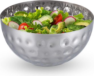 Relaxdays 2 x Servierschüssel rund, gehämmertes Design, HxD: 12,5x25 cm, Edelstahl, Snacks & Salate, Dekoschale für Küche, silber