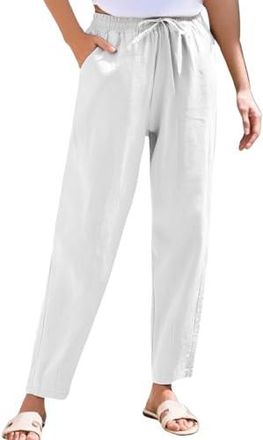 Generic Pantalon long en lin d&eacute;contract&eacute; pour femme avec cordon de serrage - Taille haute - Pantalon de loisirs - Couleur unie - Avec poches - V&ecirc;tement de d&eacute;t