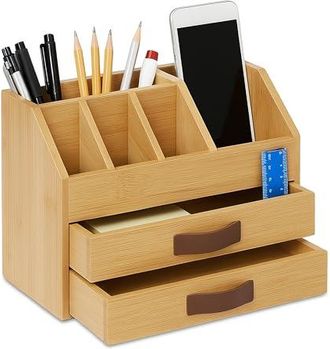 Relaxdays Schreibtisch Organizer, Schubladen & Fächer, HxBxT: 19 x 24 x 14cm, Bambus & PU, Büroaufbewahrung, Natur/braun