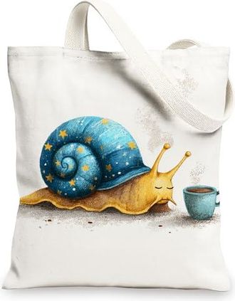 Generic Sac fourre-tout en toile motif escargot mignon, adorable sac de courses réutilisable, léger et lavable avec bandoulière, blanc, 13x15 Inch