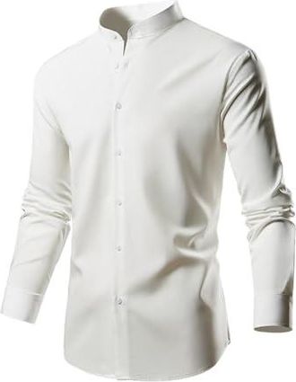 Generic Chemise &agrave; manches longues pour homme avec col mandarin boutonn&eacute;e - Style d&eacute;contract&eacute; - Pour le travail et le travail, Chemises blanches &agrave; manches long