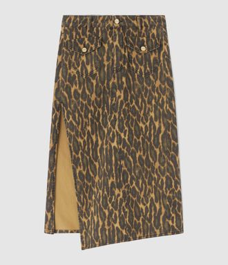 Ganni Jupe Print Denim Midi Khaki