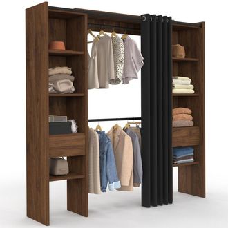IDMarket Dressing extensible double MERYL 120/180 x 50 x 180 cm noyer avec &eacute;tag&egrave;res + double penderie + rideau noir