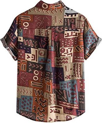Generic Chemisette Homme Manche Courte- Chemise Col Mao Coton Lin Chic Irr&eacute;gulier Imprim&eacute; D&eacute;contract&eacute; Vintage Blouse L&eacute;ger Confortable Respirante Coupe Ample 