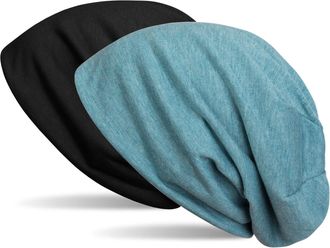 styleBREAKER Beanie Wendem&uuml;tze in Unifarben, Slouch M&uuml;tze, leicht und weich, Longbeanie, Unisex 04024115, Farbe:Schwarz/Blau meliert