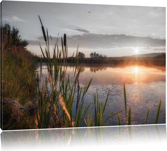 Pixxprint Sonniger Morgen am See, Größe: 100x70cm, Leinwandbild, fertig gespannt, Wandbild, Dekoration, Kunstdruck, kein Poster