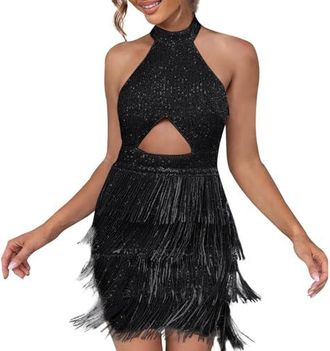 Generic Robe ann&eacute;es 20 pour femme Gatsby 1920 - robes pour femmes noires et argent - robe &agrave; franges pour femmes - robe de danse Flapper - robe courte Charlest