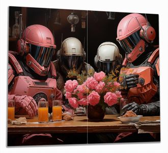 Wallario Herdabdeckplatte/Spritzschutz aus Glas, 2-teilig, 60x52cm mit 13mm hohen Füßen, für Ceran- und Induktionsherde, Astronauten beim Frühstück