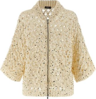 PESERICO Femme, Pulls, Beige, Taille: 36 FR Maxi-Mesh Sequin Cardigan