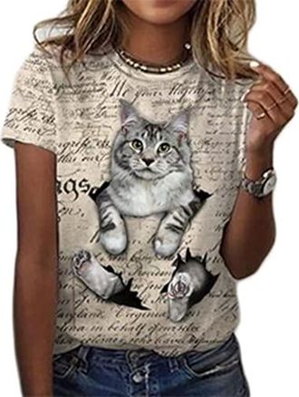 Onsoyours Femme T-Shirt 3D Chat Imprimer Tops Blouse col Rond Sport Hauts avec Motif Chemise Court Vêtement de Sport Casual Manches Courtes A Style-3 L