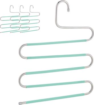Relaxdays Mehrfach Hosenb&uuml;gel, 4er Set, S-Form, 5 Stangen, rutschfest, platzsparende Multib&uuml;gel, Metall, Silber/Mint