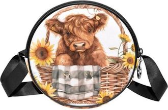 Generic Sac &agrave; bandouli&egrave;re rond pour femme, motif vache et tournesol avec fermeture &eacute;clair et bretelles r&eacute;glables