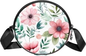Generic Petit sac &agrave; bandouli&egrave;re circulaire pour femme, motif feuilles florales, sac &agrave; dos avec fermeture &eacute;clair, bretelles r&eacute;glables, sac &agrave; main rond d&eacute;contra