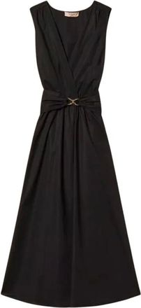 Twinset Femme, Robes, Noir, Taille: 46 FR Robe Longuette en Popeline avec Ceinture Logo