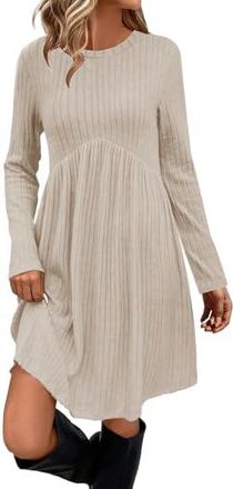 Generic Robe &agrave; manches longues pour femme, col rond, robe &agrave; la taille avec robe en maille, beige, XXL