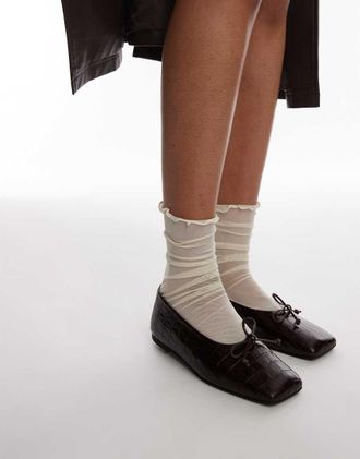 Arket Ballerines plates en cuir estamp&eacute; effet croco &agrave; bout carr&eacute; - Marron fonc&eacute;