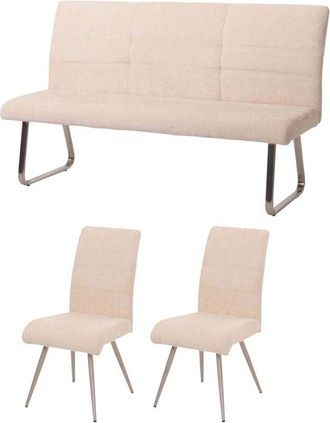 Hhg Esszimmer-Set 102, 2er-Set Stuhl + Sitzbank 160cm, Edelstahl geb&uuml;rstet Stoff/Textil Chenille creme