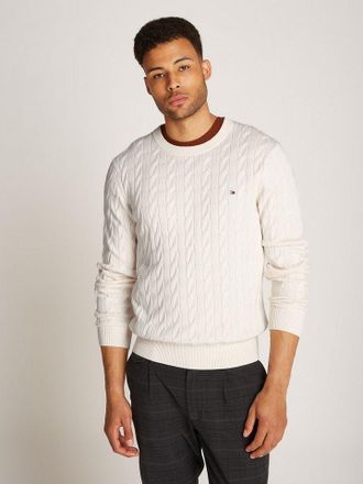 Tommy Hilfiger Strickpullover CLASSIC CABLE CREW NECK mit Strukturstrick und Flaglabel unifarben, casual, regular fit, Baumwolle, Rundhals