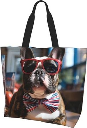 Generic Bouledogue Fran&ccedil;ais Portant Des Lunettes De Soleil Sac Fourre-Tout Imperm&eacute;able Sacs De Courses R&eacute;utilisable Sac A Main Femmes Pour Travail Gym Shoppin