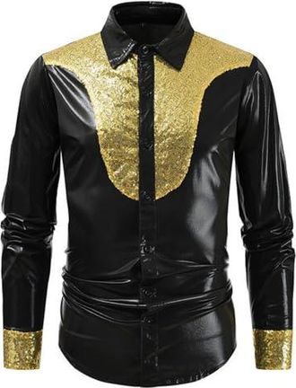 Generic Chemise &agrave; manches longues pour homme avec paillettes contrast&eacute;es - Style bo&icirc;te de nuit - Sans plis - Coupe ajust&eacute;e - Brillant - Bouton - Performance -